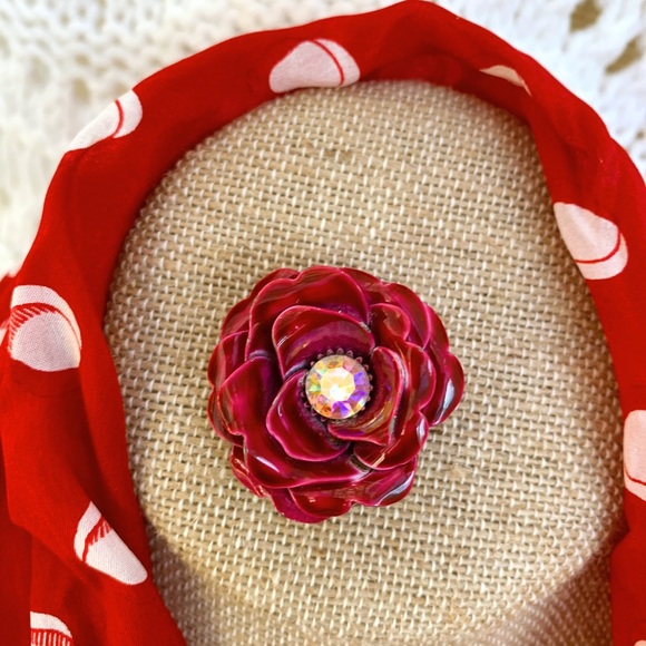 Vintage | Jewelry | Vintage Red Flower Pin Enamel With Rhinestone ...